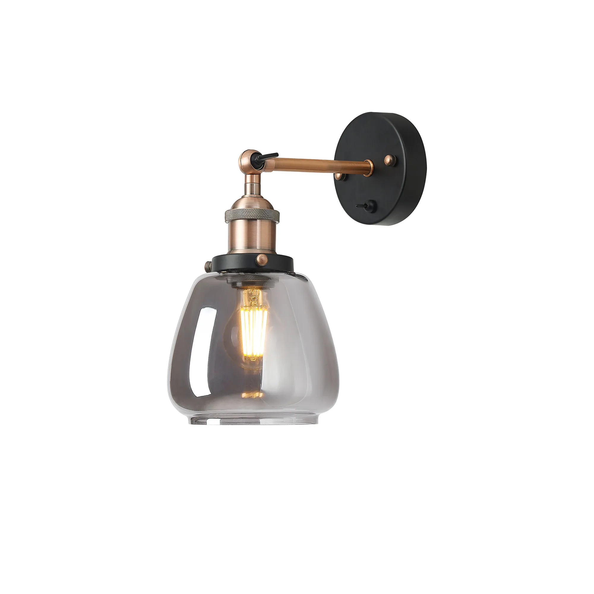 DK1150 Cawdor Deco Cawdor Wall Light, 1 Light E27, Antique Copper/Black/Smoke Jar Glass ...